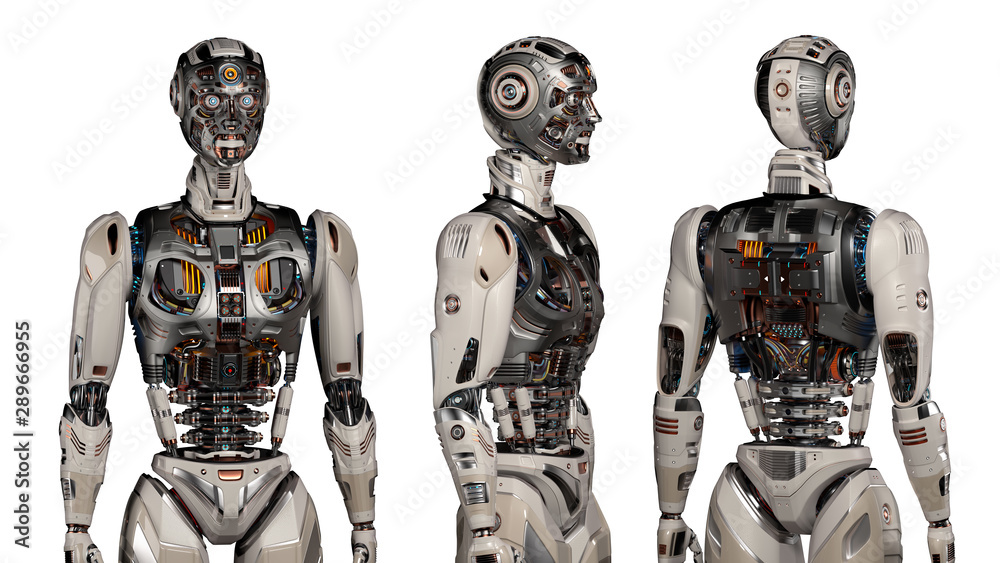 Futuristic robot man or very detailed humanoid. Set or collage of three ...