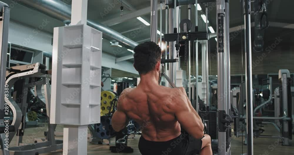 Modern gym class young guy doing hard workout for his biceps and ...