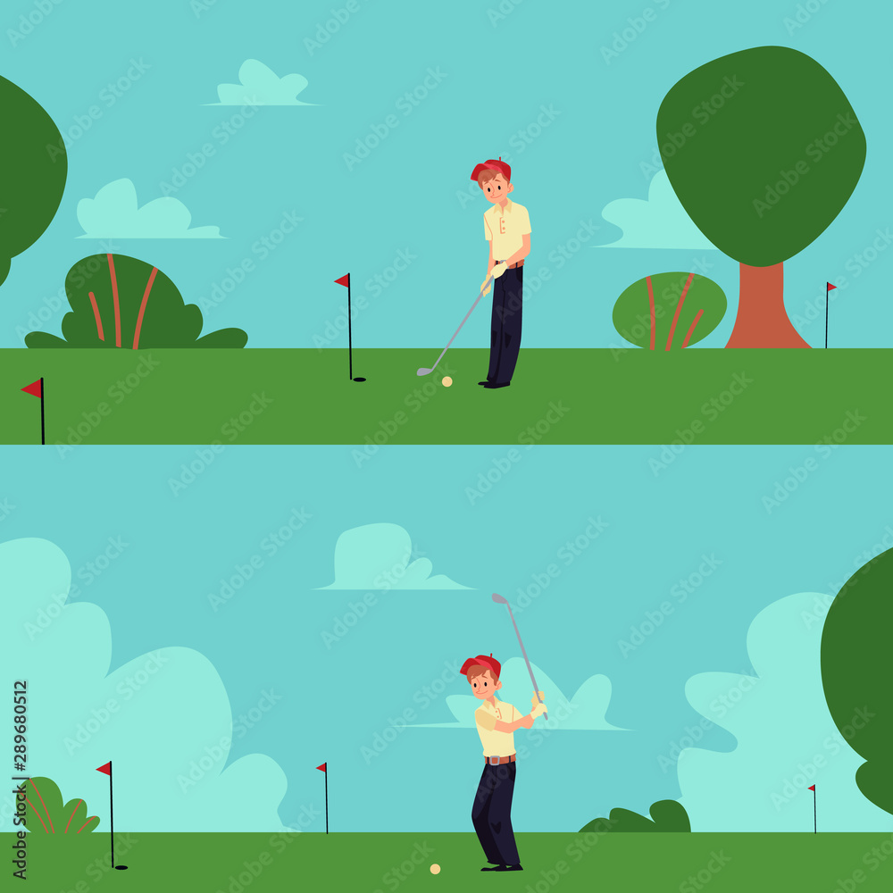 Cartoon man playing golf in summer field - happy golfer swinging a club ...