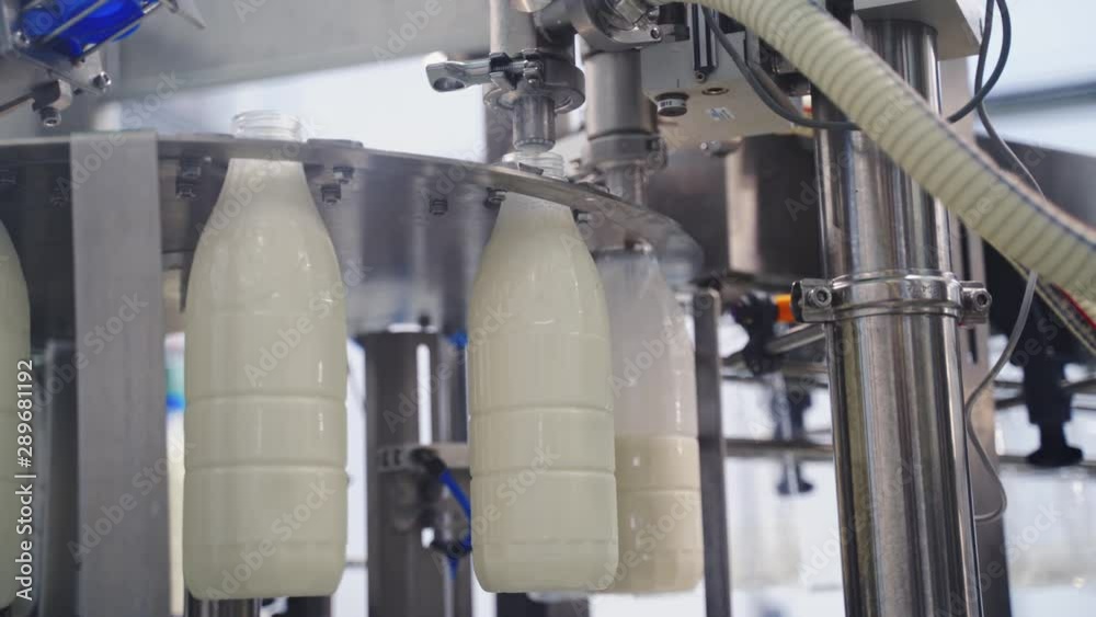 Upgraded technology in dairy factory. Plastic bottles filling with milk ...