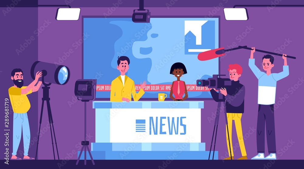Tv news studio with presenters and crew with equipment cartoon vector ...