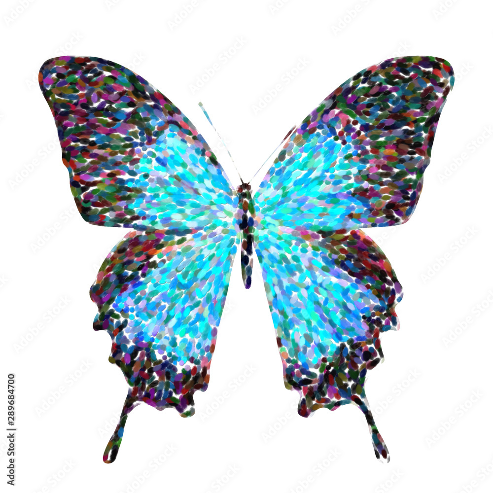 tropical blue butterfly. isolated on white background. pointillism ...