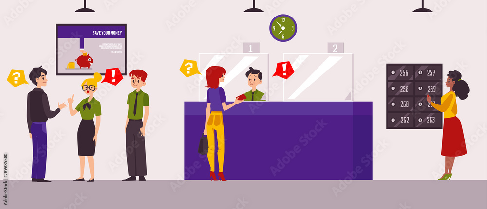 Bank office interior - flat cartoon banner with workers and customers ...