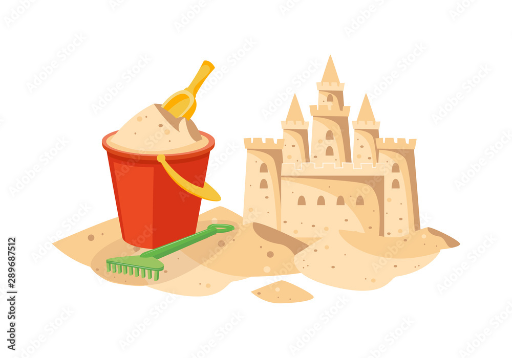 Cartoon beach sandcastle and red plastic bucket filled with sand Stock ...