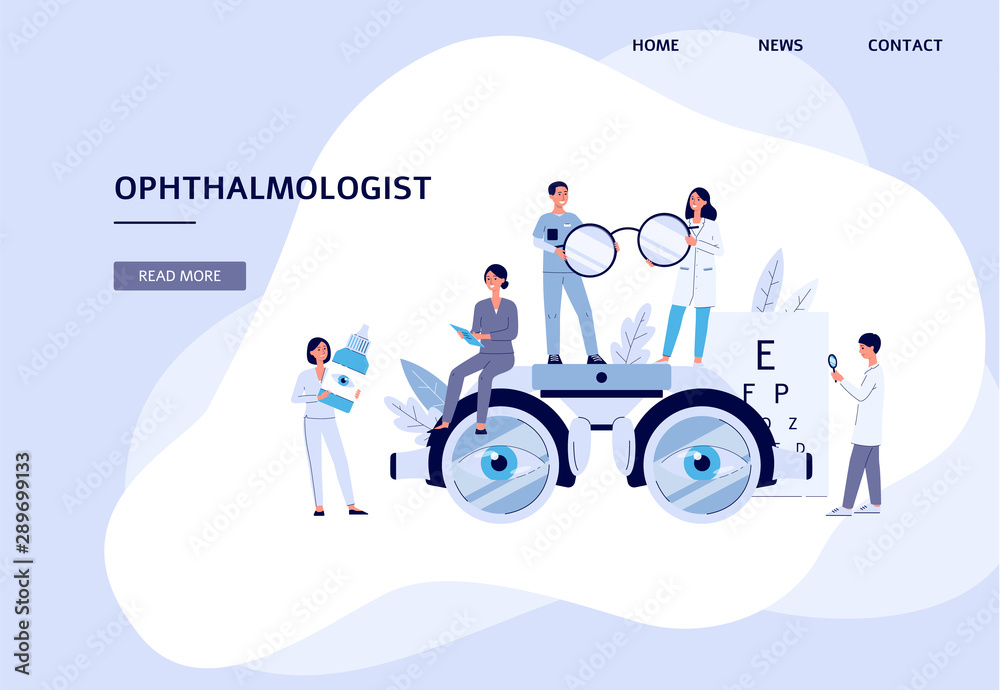 Eye clinic banner - doctor and nurse team with sight diagnostic ...