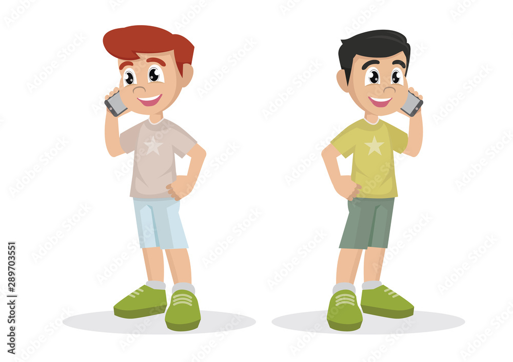 Cartoon character, Set Boy talking happy with his phone., vector eps10 ...