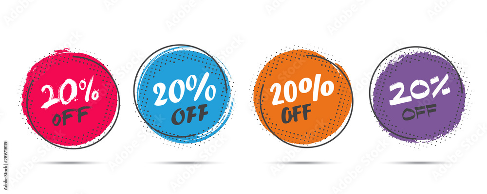 Set of grunge sticker with 20 percent off in a flat design with ...