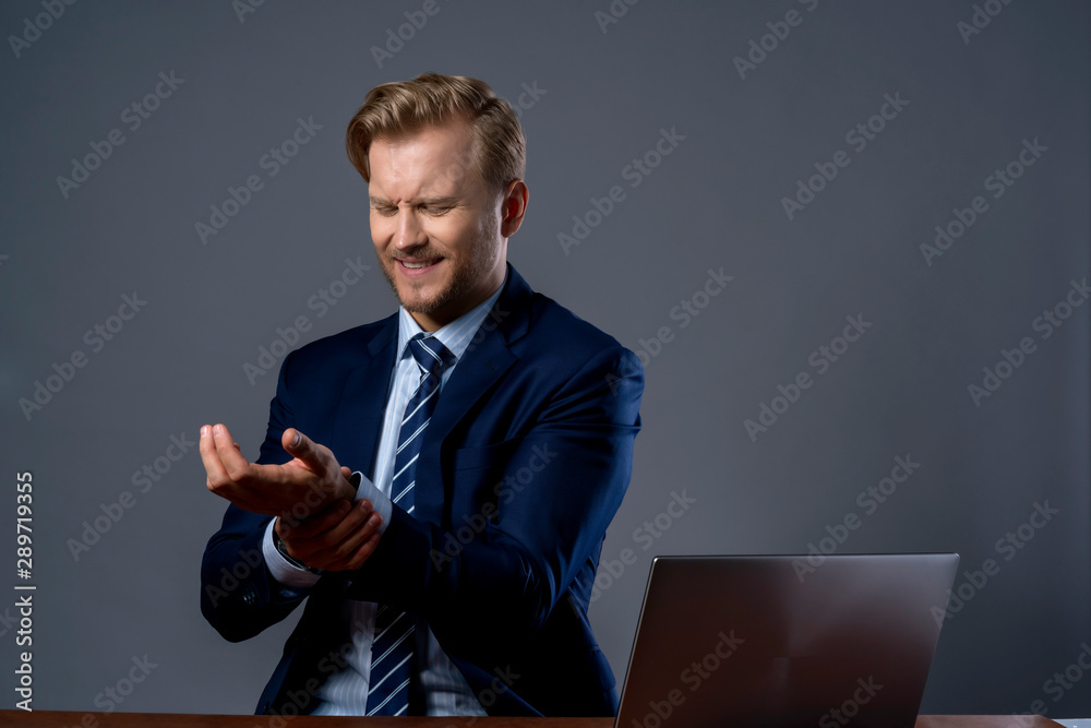 bad feeling woth overwork caucasian businessman hand touch part of body ...
