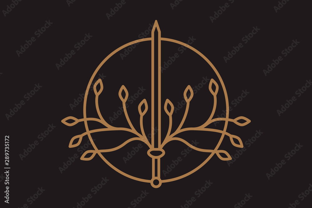 The sword and the rays of the sun, and the leaves of the trees. logo or ...