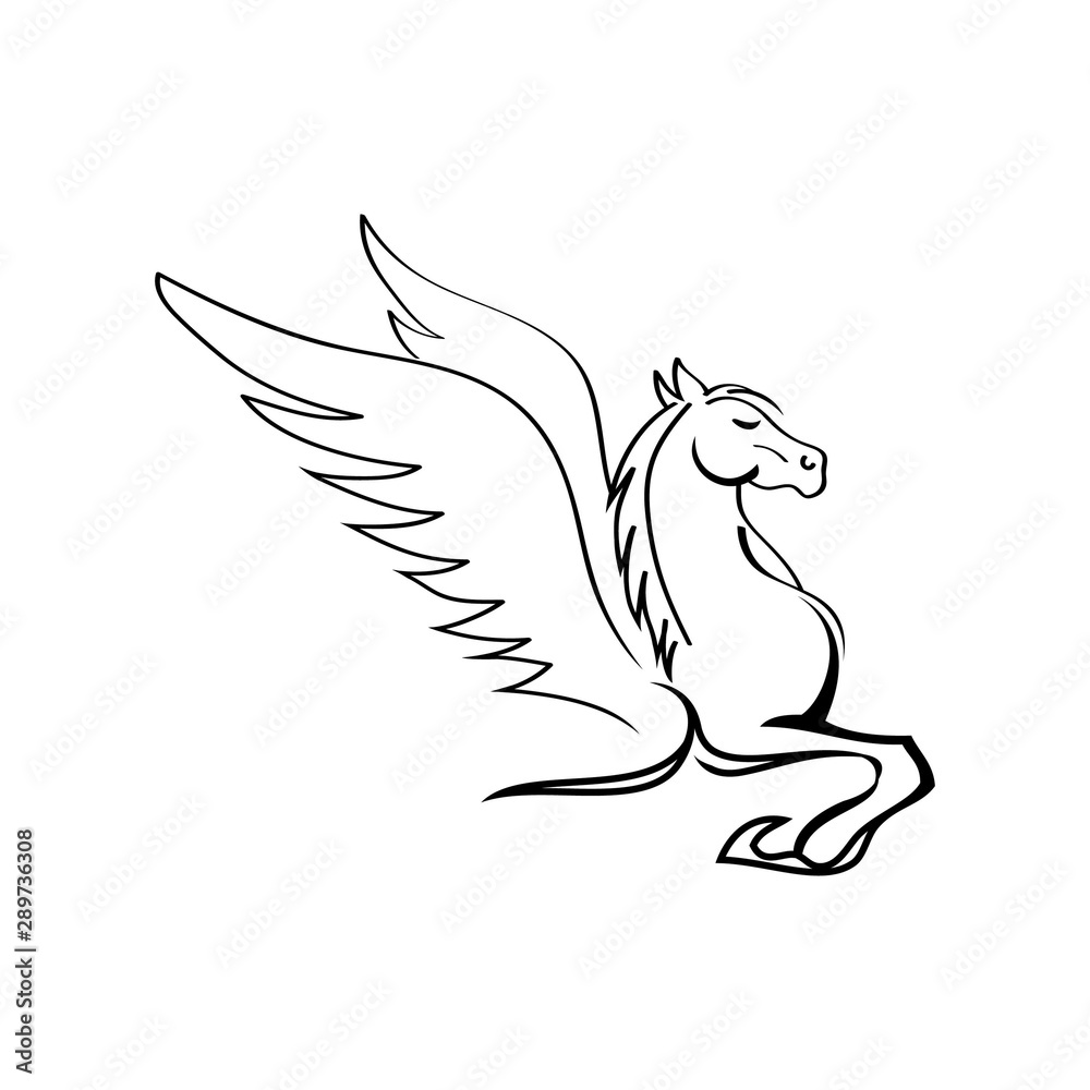 flying winged pegasus horse - black vector outline of greek mythology ...