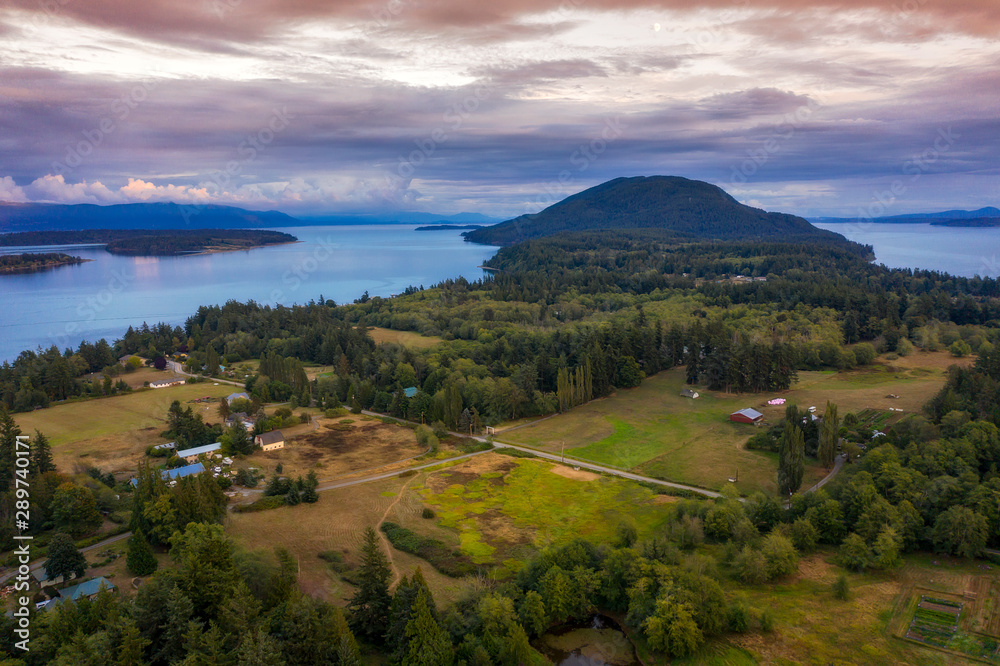 Aerial Sunset View of Rural Lummi Island, Washington. Lummi Island is ...