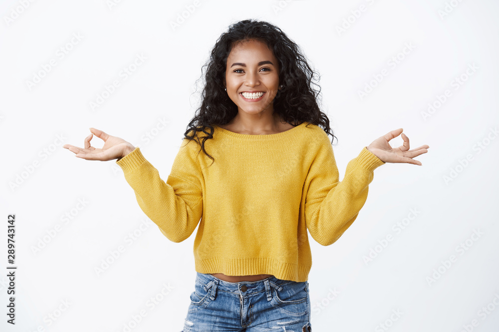 Girl start practice yoga, relieve stress look happy and carefree, show ...