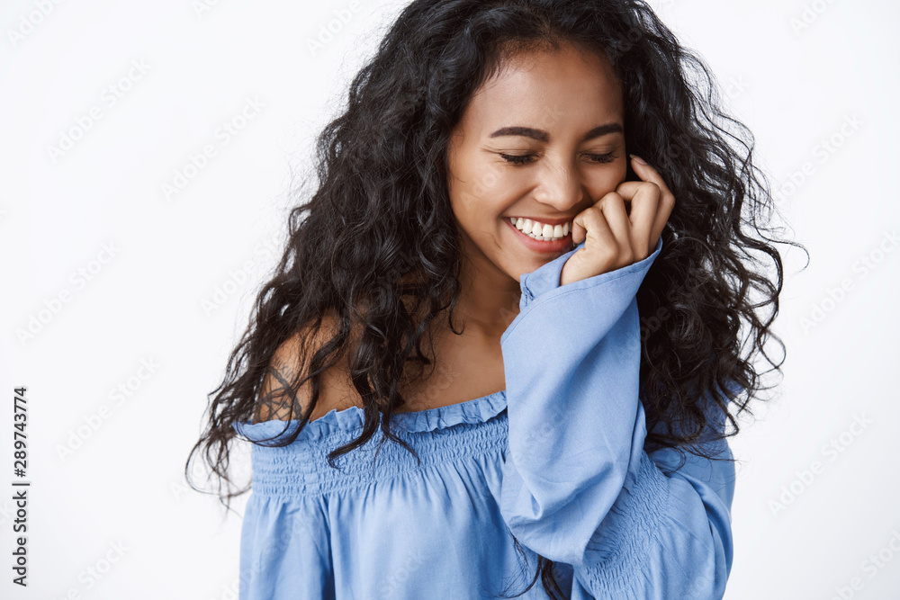 Wellbeing, beauty and tenderness concept. Charming curly-haired african ...