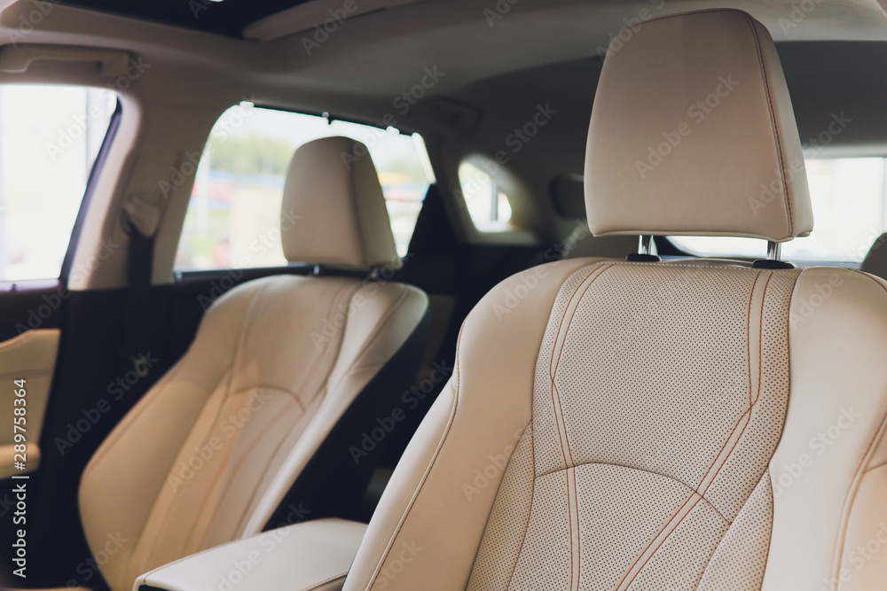 Car inside driver place. Interior of prestige modern car. Front seats ...