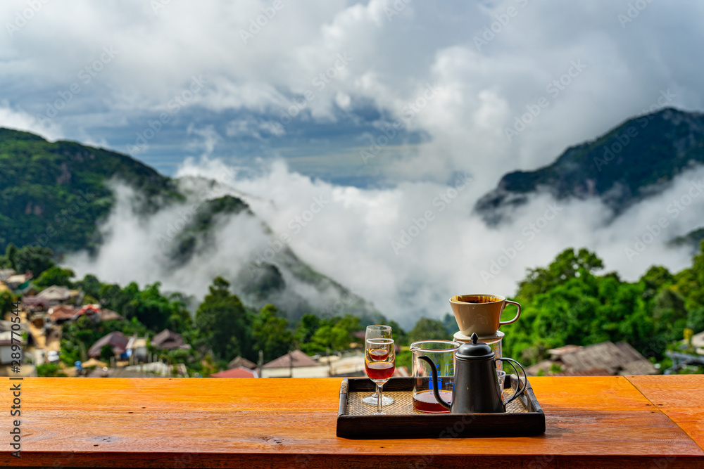 coffee drip set with misty mountain background, Doi Pha Hee, Chiang Rai ...