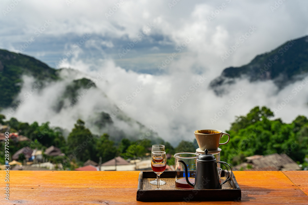 coffee drip set with misty mountain background, Doi Pha Hee, Chiang Rai ...