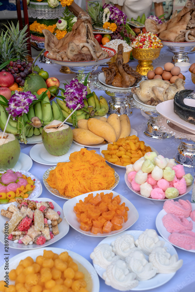 Sacrificial offering food for pray to god and memorial to ancestor ...