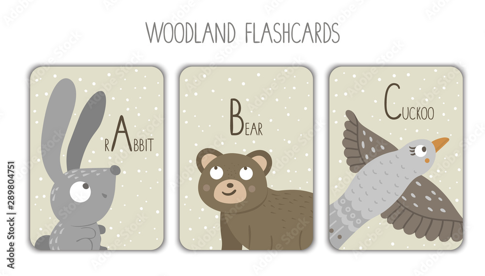 Colorful alphabet letters A, B, C. Phonics flashcard. Cute woodland ...