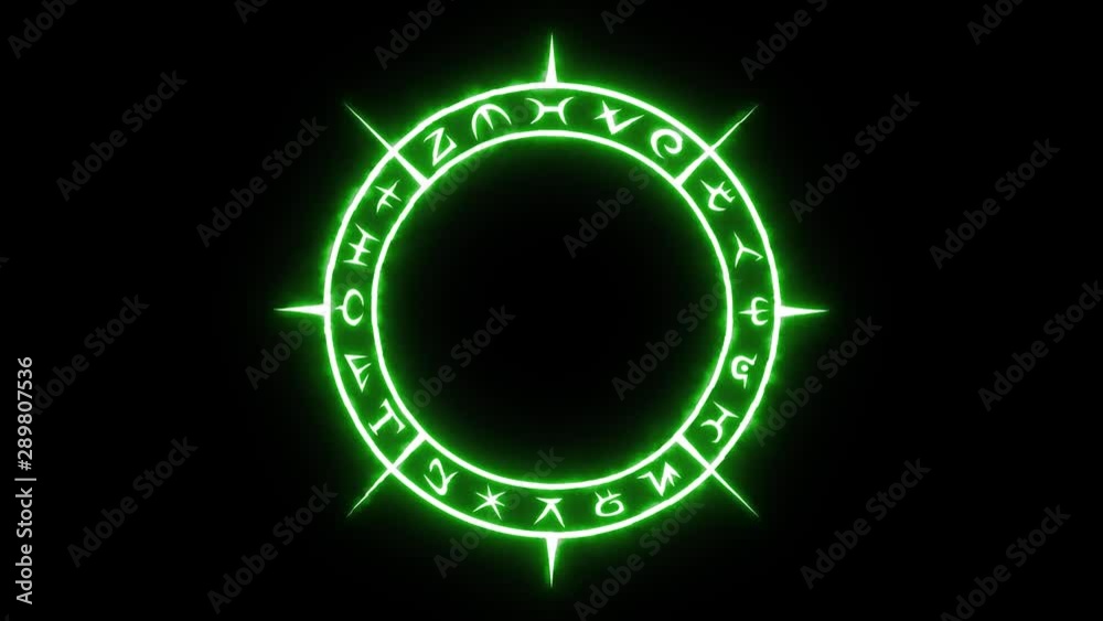 White occult circle with mystical symbols with pulsing green glow in ...