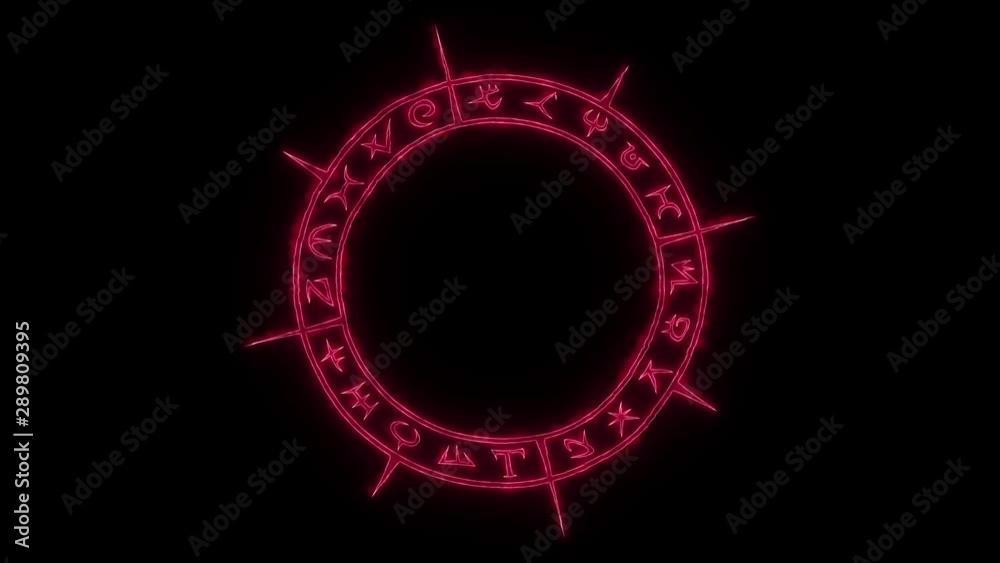 Rotating white outline occult circle with mystical symbols with burning ...