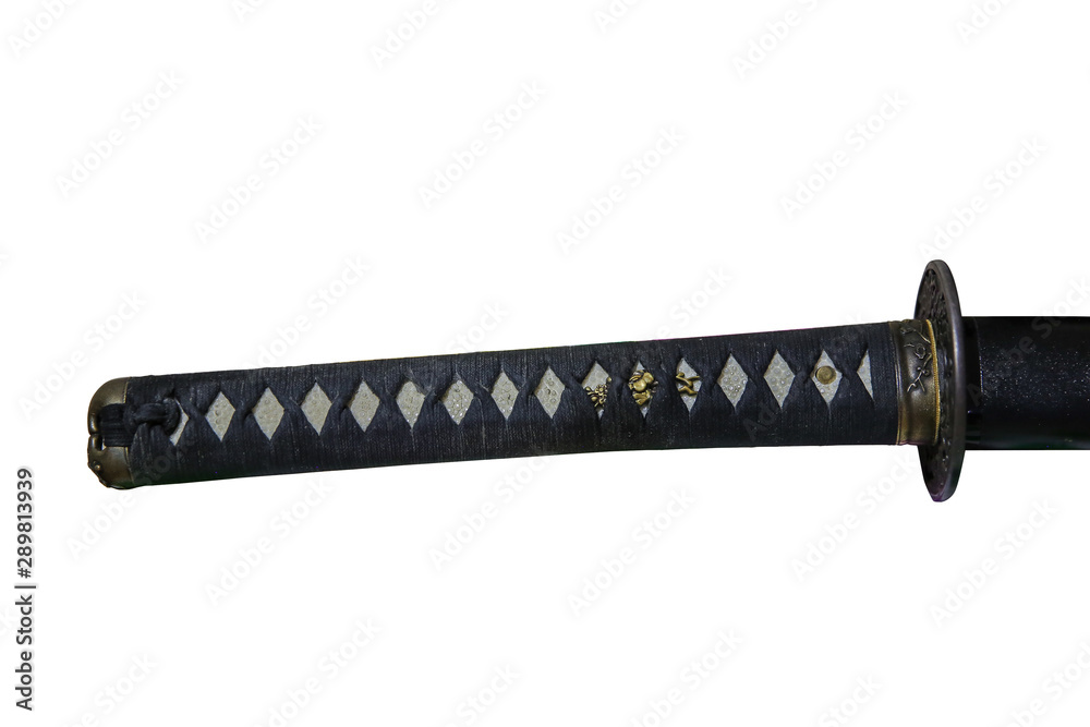 Close-up photo of a katana's tsuka isolated on white screen. The tsuka ...