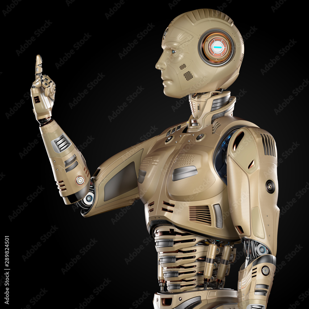 Detailed futuristic cyborg or humanoid man showing his finger or ...