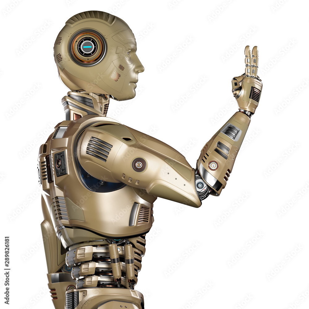 robot or very detailed humanoid cyborg showing two fingers. Side view ...