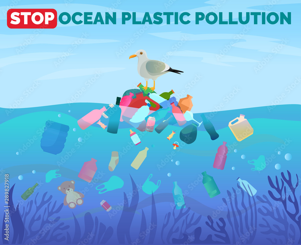 Stop ocean plastic pollution poster with pile of garbage in water Stock ...