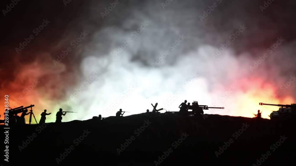 War Concept. Military silhouettes fighting scene on war fog sky ...