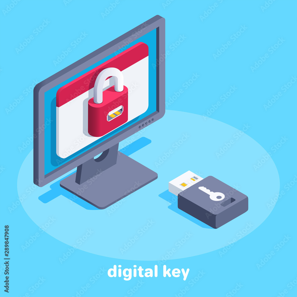 isometric vector image on a blue background, a monitor with a lock on ...