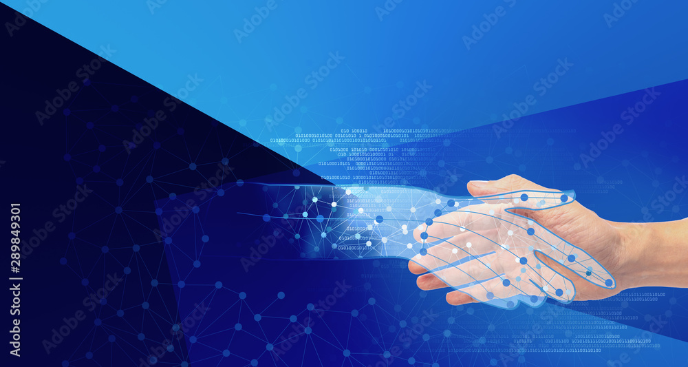 Say hellow to the AI or Artificial intelligence concept, human hand ...