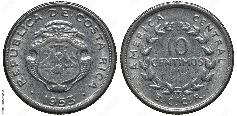 Costa Rica Costa Rican coin 10 ten centimos 1953, shield with sailing ...