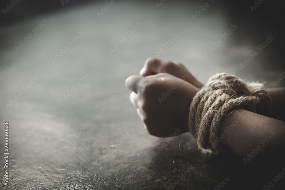 Hands tied up with rope of a missing kidnapped, abused, Violence ...