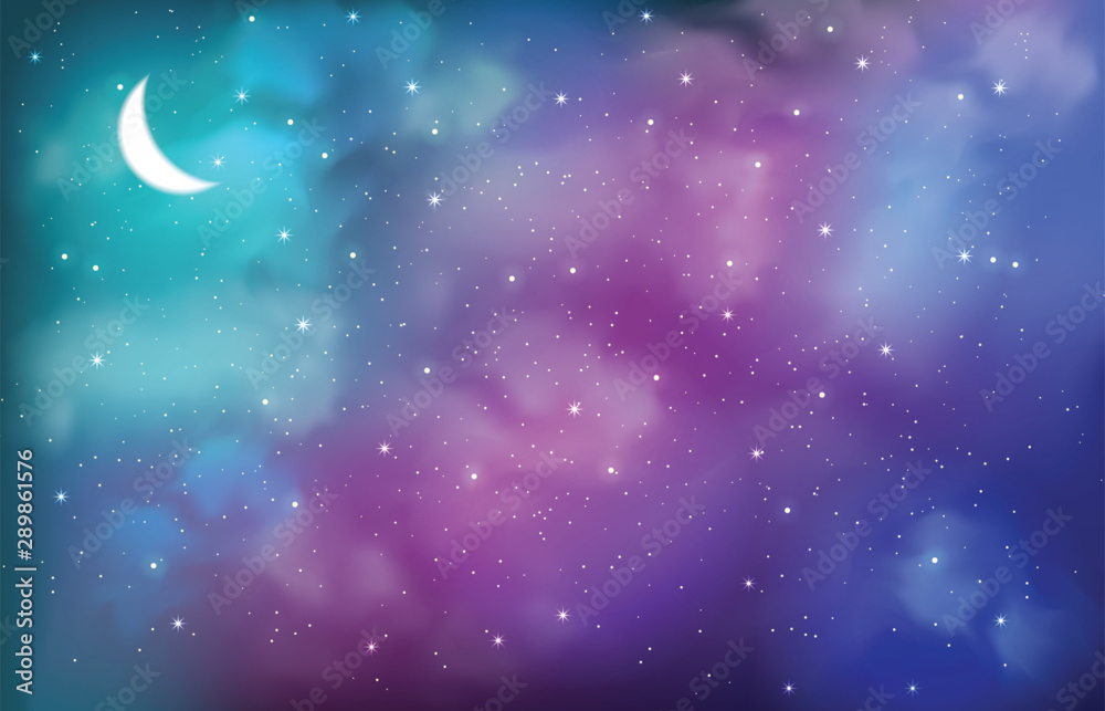 Cosmic background with abstract colors and half moon vector. Sky full ...