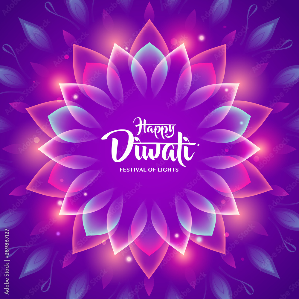 Happy Diwali with luminous flower Rangoli. Indian festival of lights ...