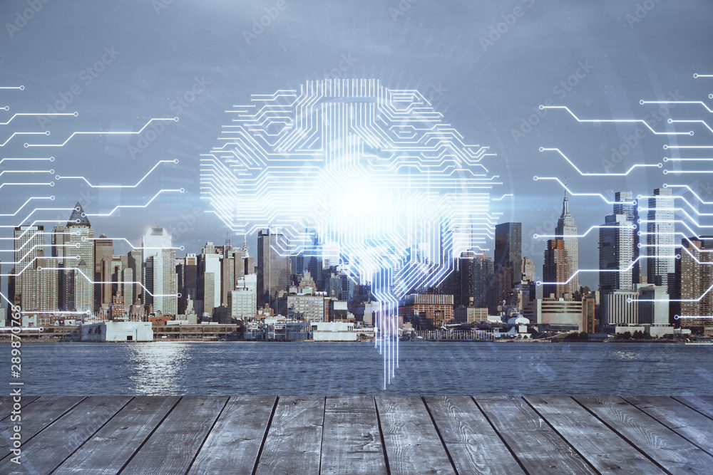 Brain hologram drawing on cityscape background multi exposure. Ai in ...