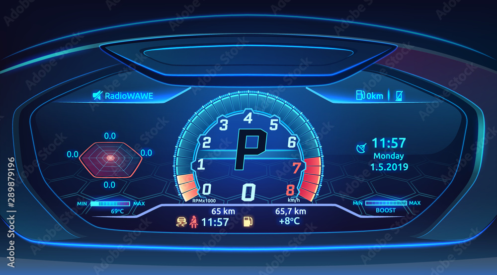 Neon sport car supercar dashboard with speedometer, modern automobile ...