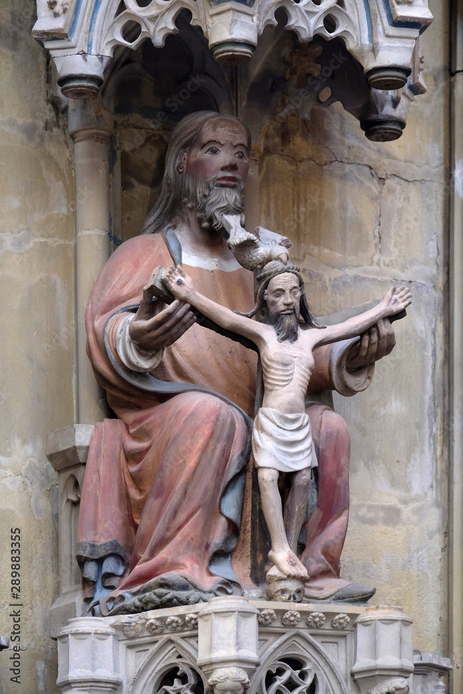 Holy Trinity, statue on the tabernacle in St James Church in Rothenburg ...