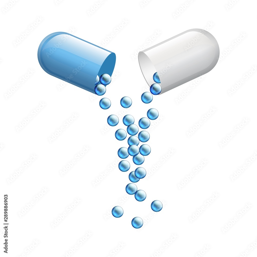 Realistic medical opened capsule pill. Vitamin antibiotic 3D medicine ...