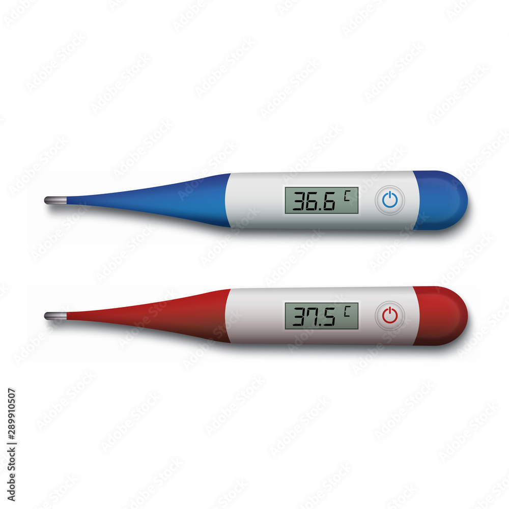 Realistic 3d electronic medical thermometer, measuring set. Design ...