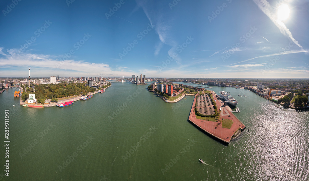 High resolution aerial panorama of Rotterdam with harbour and skyline ...