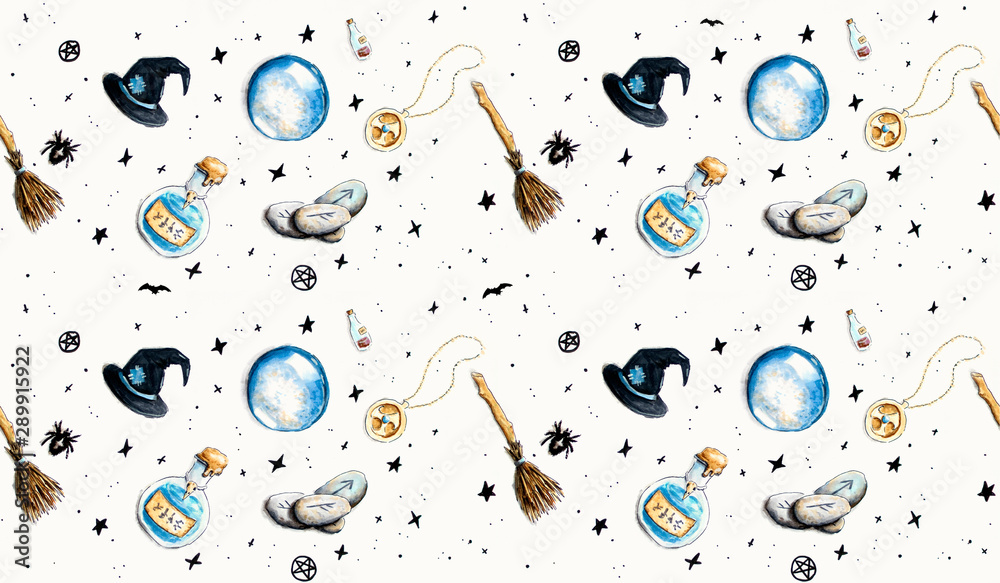 Hand drawn halloween background with witch accessories Stock ...