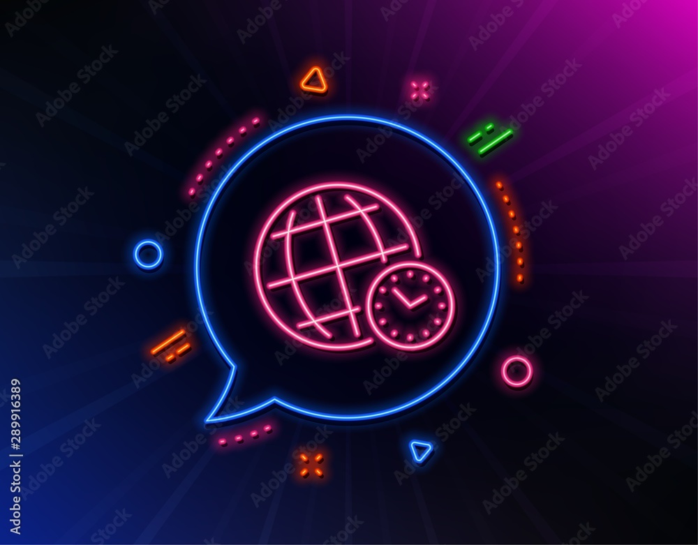 Time zone line icon. Neon laser lights. World clock sign. Watch symbol ...