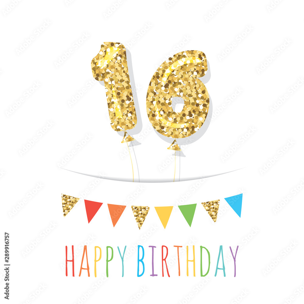 Sixteen cute birthday card template. Gold glitter balloon numbers 16 ...