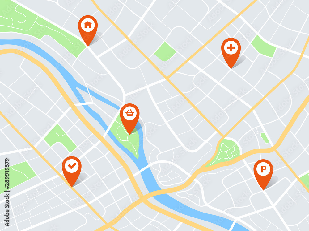 City map with pins. Town roads and residential blocks. Gps navigation ...