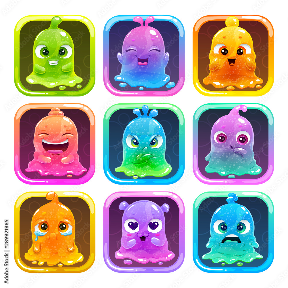 Cute cartoon colorful slimy characters in the square frames. Slime game ...