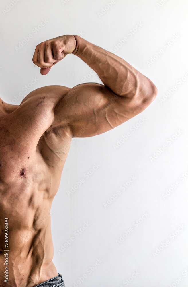 Bodybuilder flexing his muscles in studio. The torso of attractive male ...