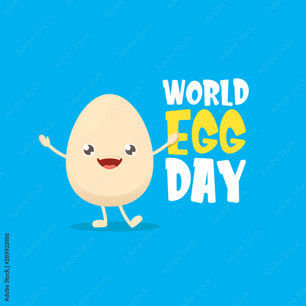 World egg day greeting card with vector funny cartoon cute smiling tiny ...