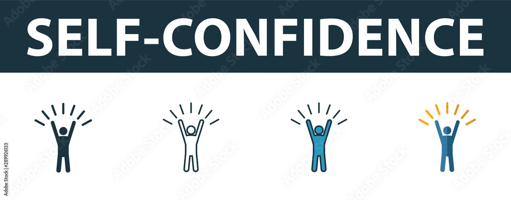 Self-Confidence icon set. Four simple symbols in diferent styles from ...