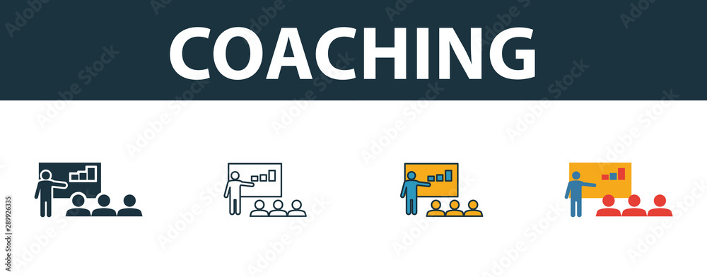 Coaching icon set. Four simple symbols in diferent styles from soft ...